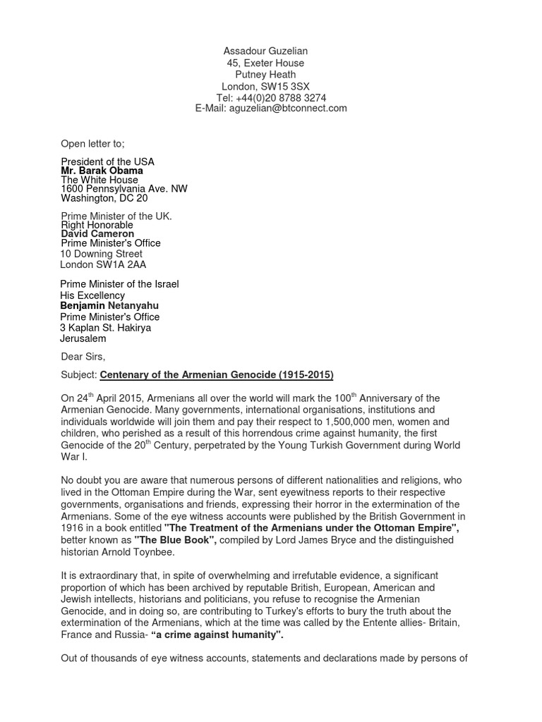 Open Letter: Centenary of The Armenian Genocide (1915-2015) - Assadour ...