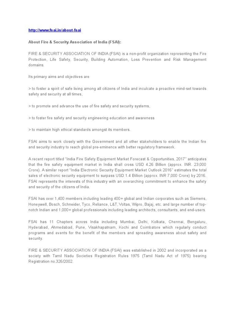 About Fire & Security Association of India (FSAI) | PDF | Business ...