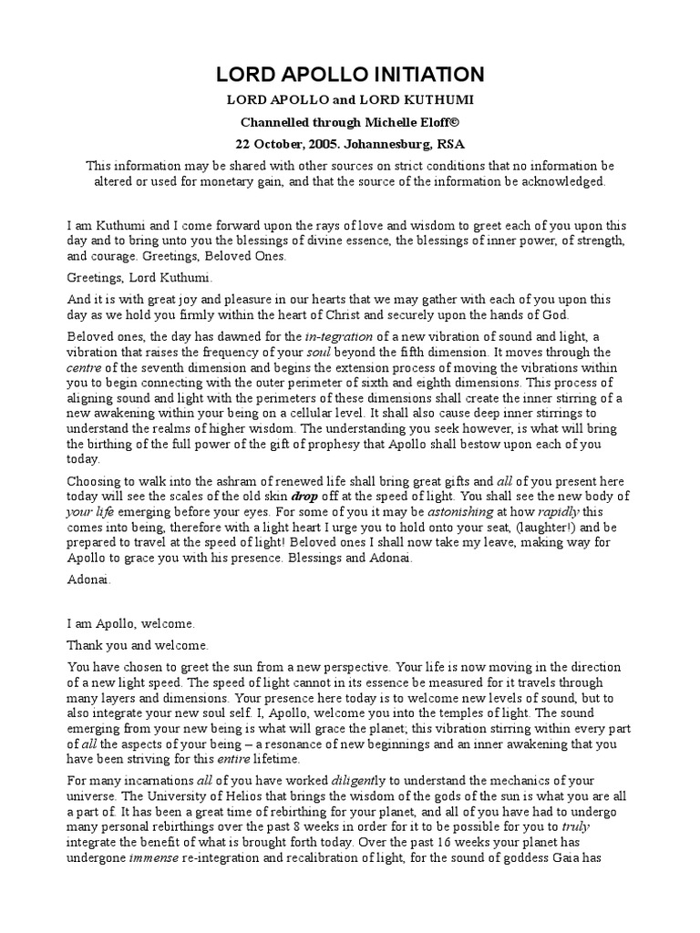 Kuthumi Lord Apollo Initiation | PDF | Ascended Master | Apollo