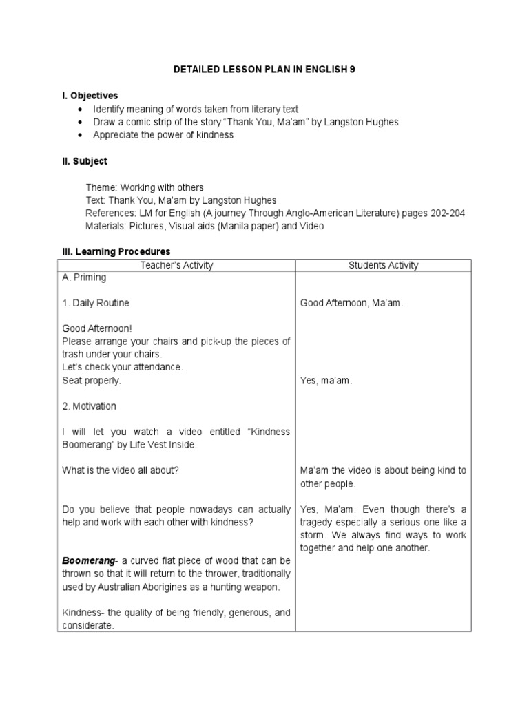 Thank You Ma'Am Lesson Plan | PDF | Lesson Plan