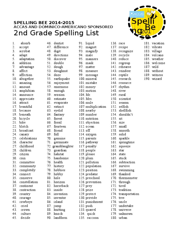 2nd Grade Spelling Bee List 2014-15 | PDF