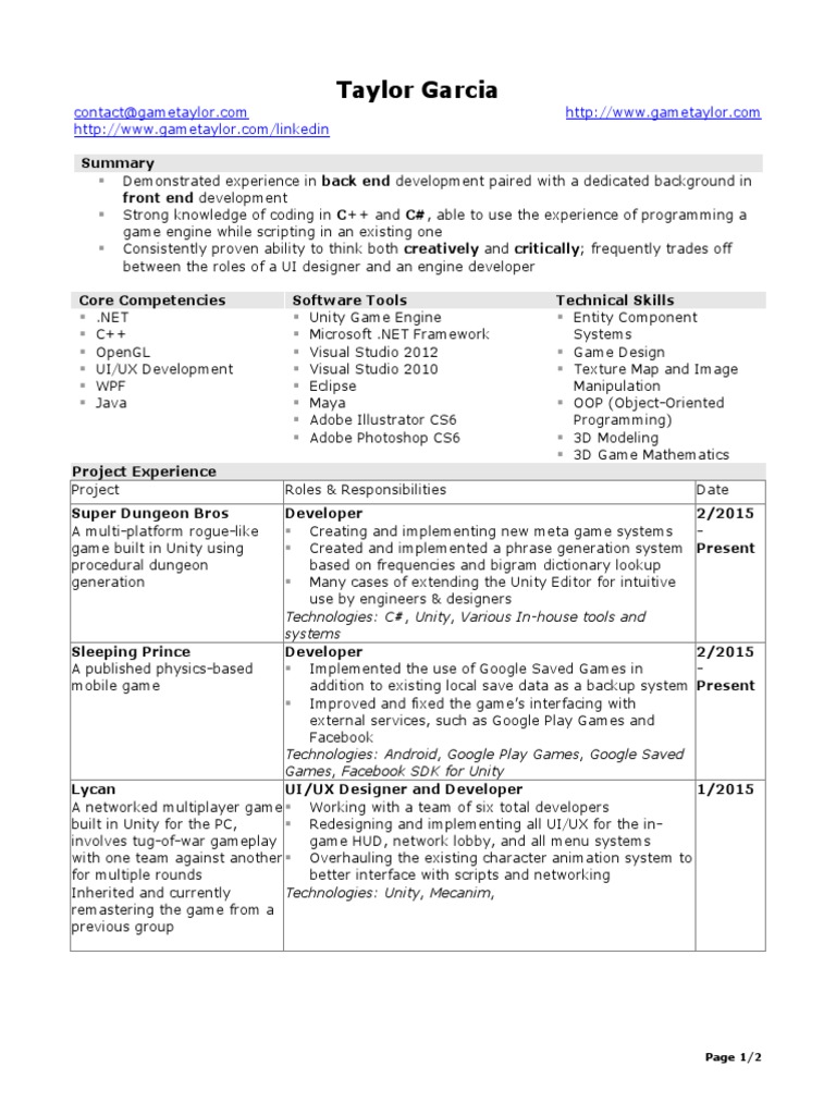 Resume | Unity (Game Engine) | Microsoft Visual Studio