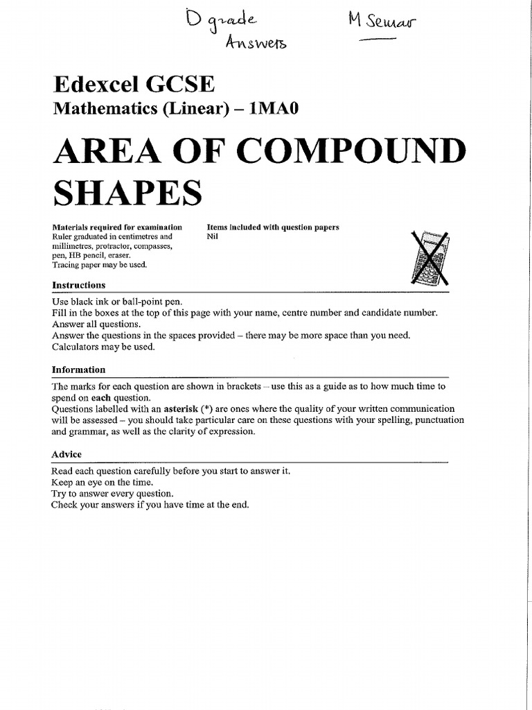 37 Area Compound Shapes D Grade Answers | PDF