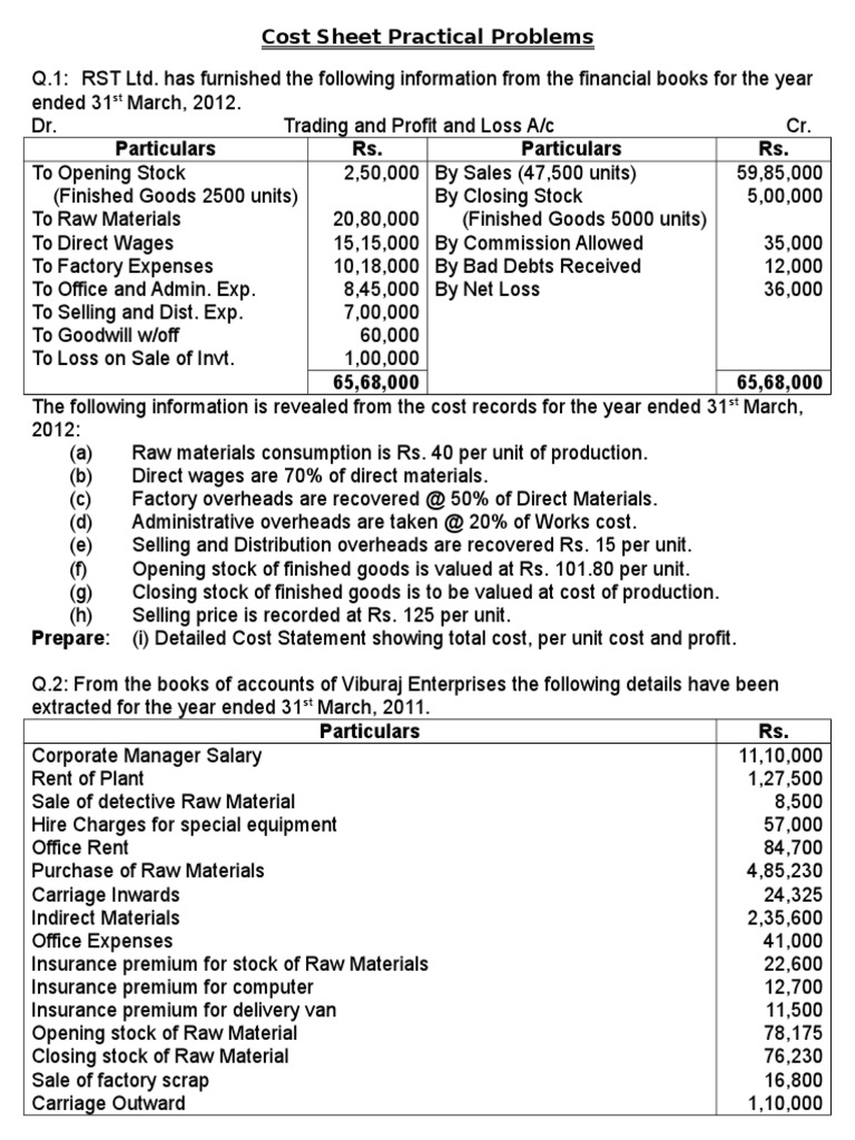 Cost Sheet Practical Problems | PDF | Economies | Business