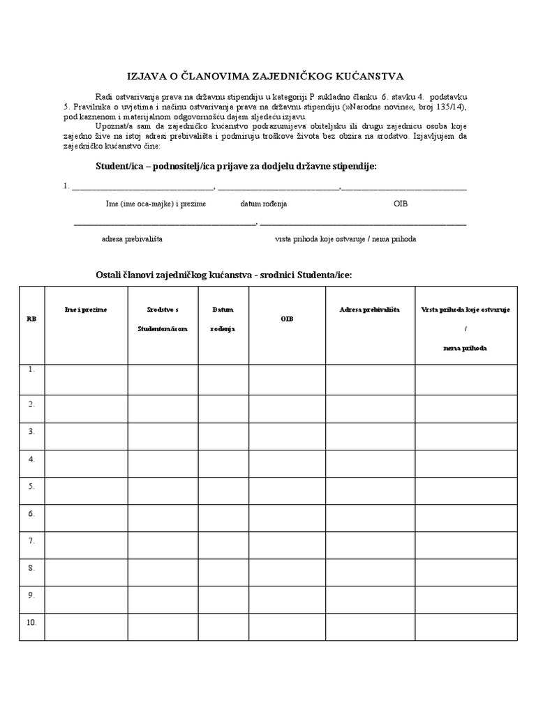 Izjava o Clanovima Zajednickog Kucanstva | PDF