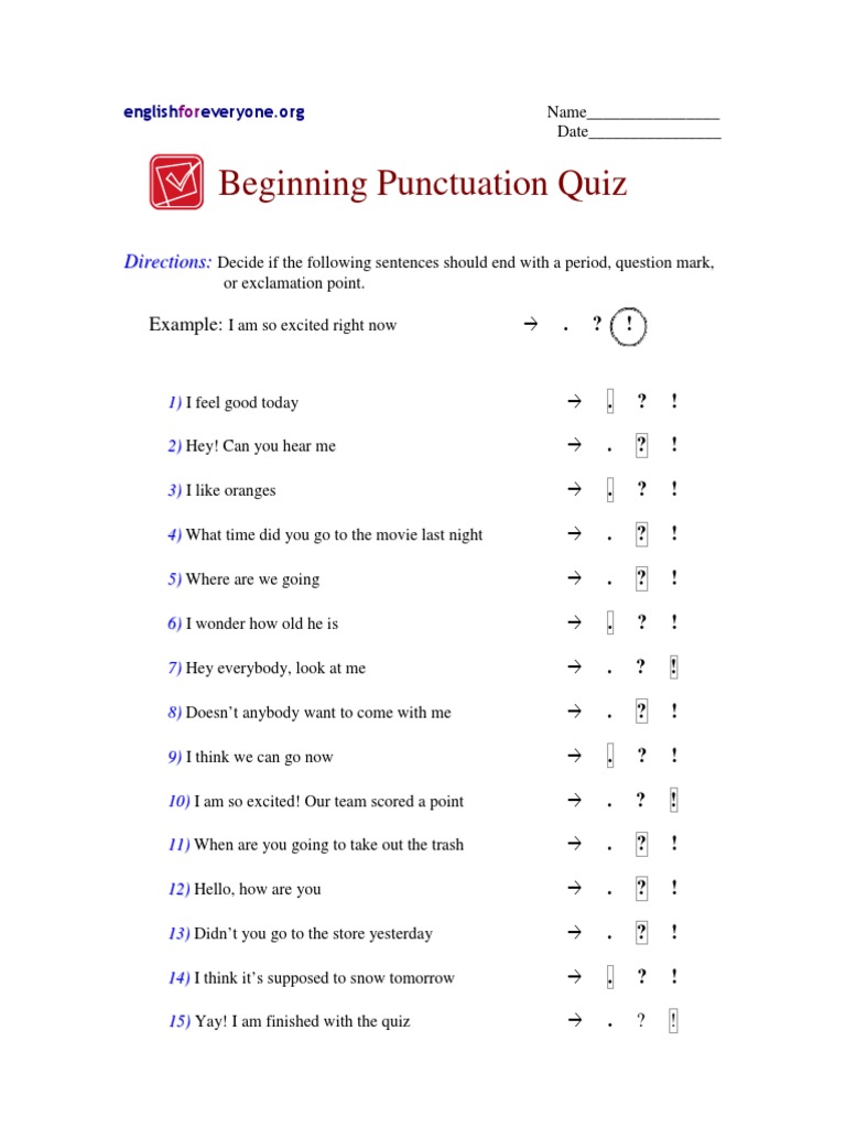 Beginning Punctuation Quiz | PDF