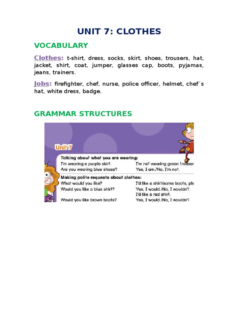 Unit 7: Clothing Vocabulary Guide | PDF