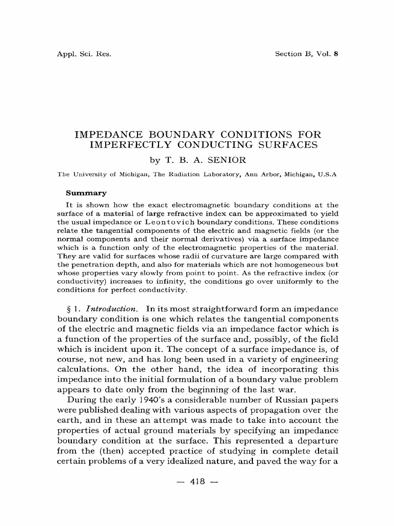 Impedance Boundary Conditions For Imperfectly Conducting Surfaces Pdf Maxwells Equations