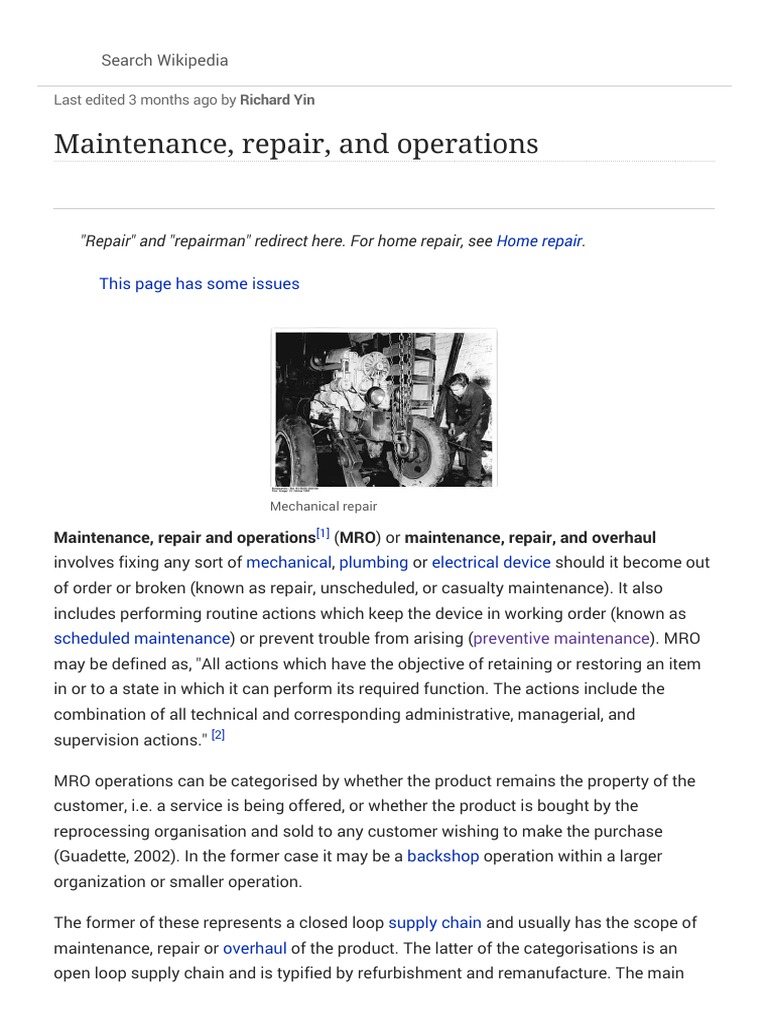 Maintenance, Repair, and Operations - Wikipedia, The Free Encyclopedia ...