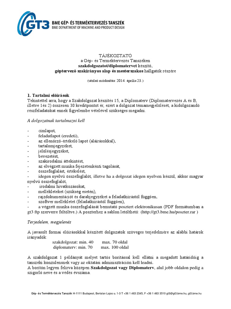 Tájékoztató A Gép - És Terméktervezés Tanszéken Szakdolgozatot/diplomatervet Készítő, Géptervező ...