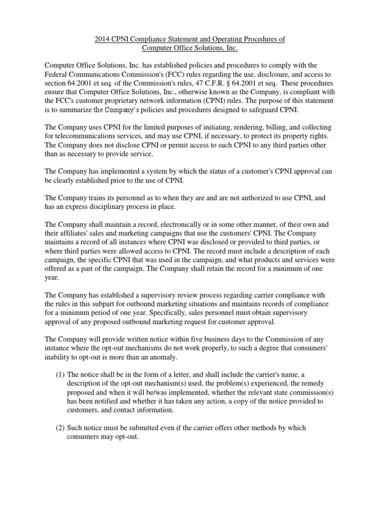 2014 CPNI Compliance Statement and Operating Procedures PDF | PDF ...