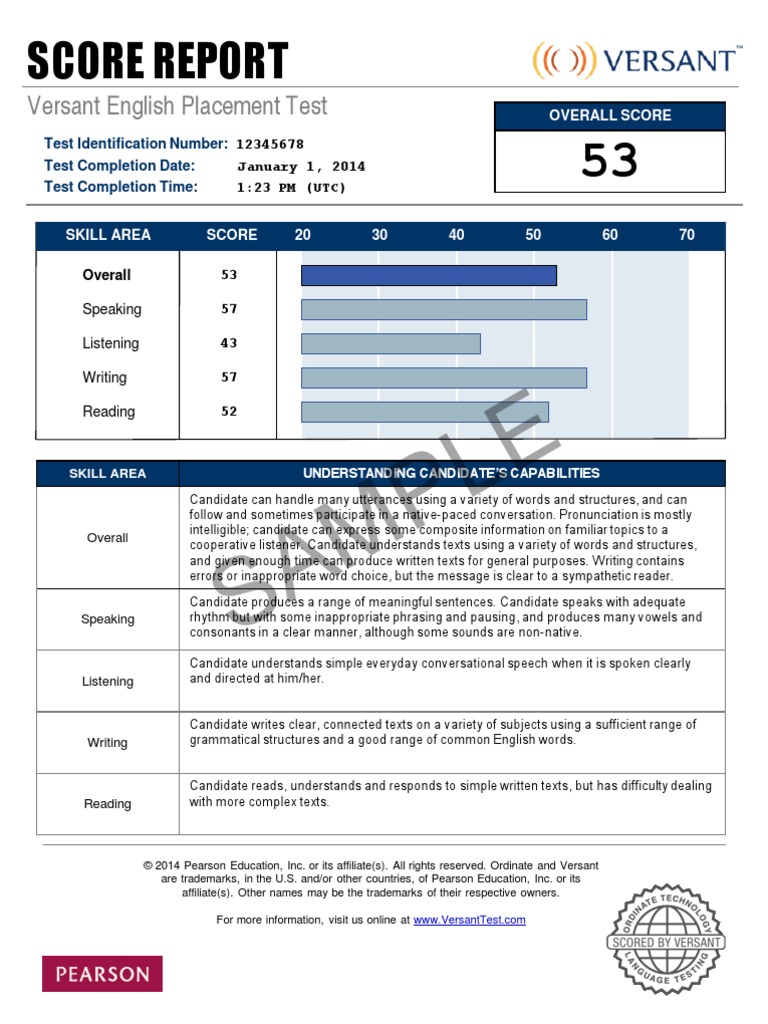 Sample SCORE REPORT Versant English Placement Test Watermark(1) | Human ...
