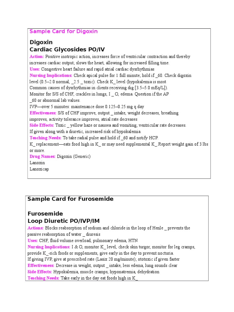 Digoxin Cardiac Glycosides PO/IV: Sample Card For Digoxin | PDF