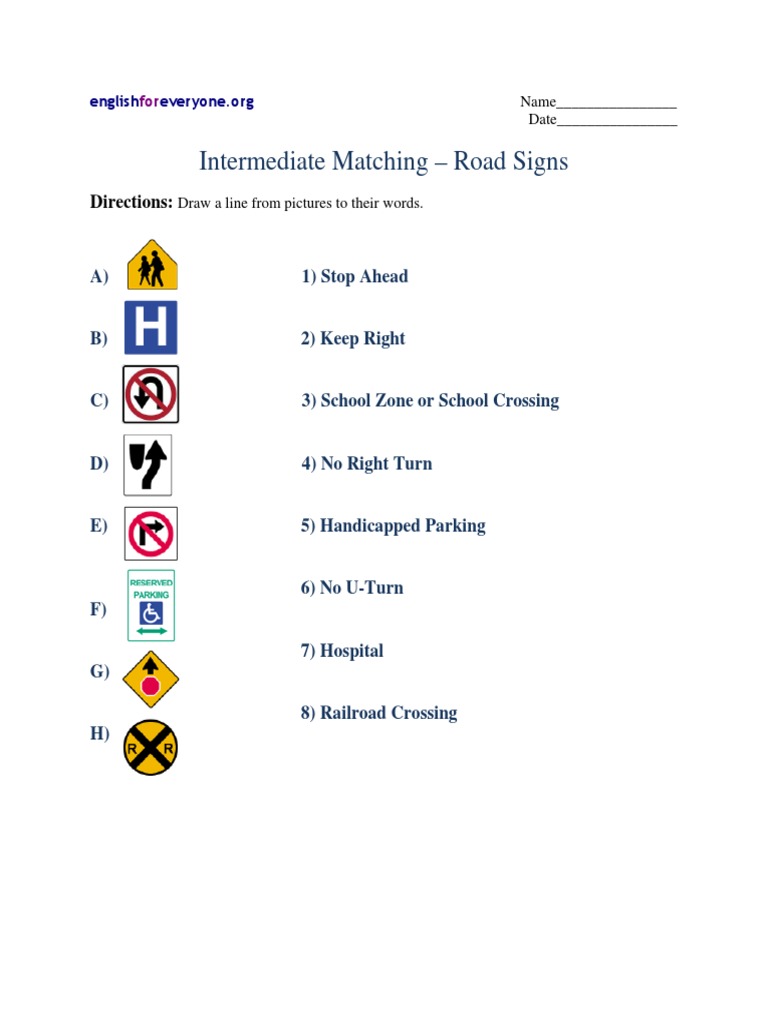 Intermediate Matching - Road Signs: Directions | PDF