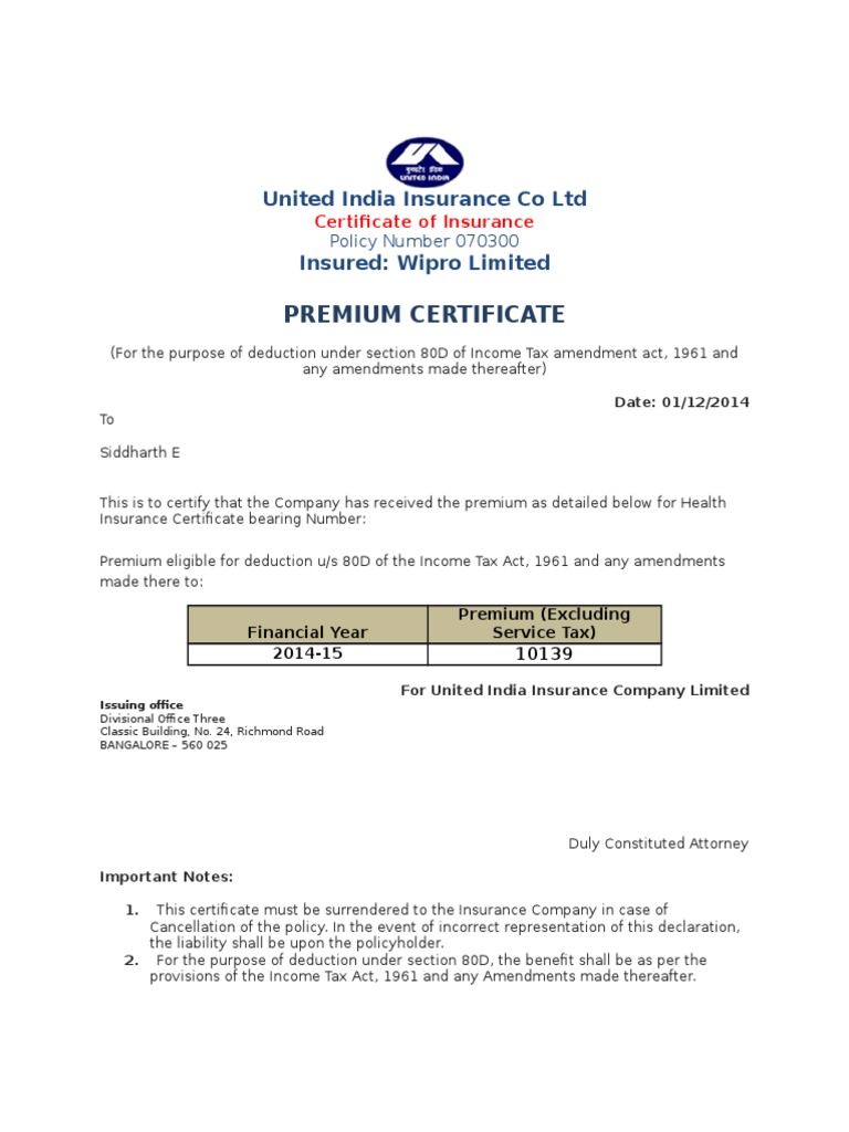 80D Health Insurance Premium Certificate | PDF