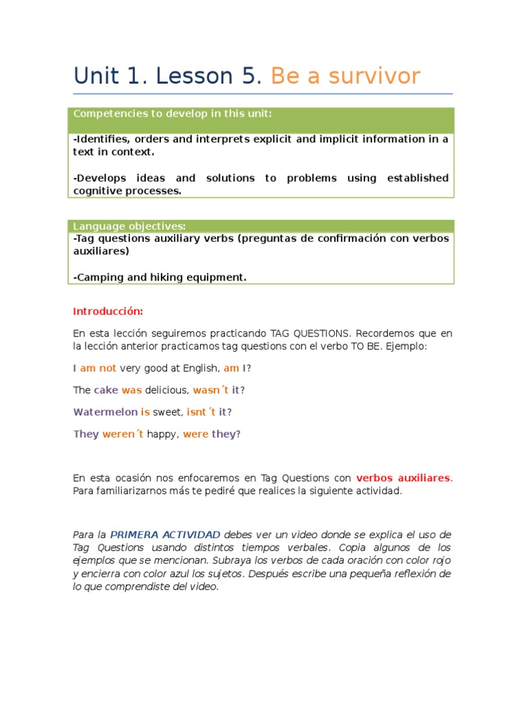 Unit 1. Lesson 5. Be A Survivor | PDF | Crecimiento personal y profesional