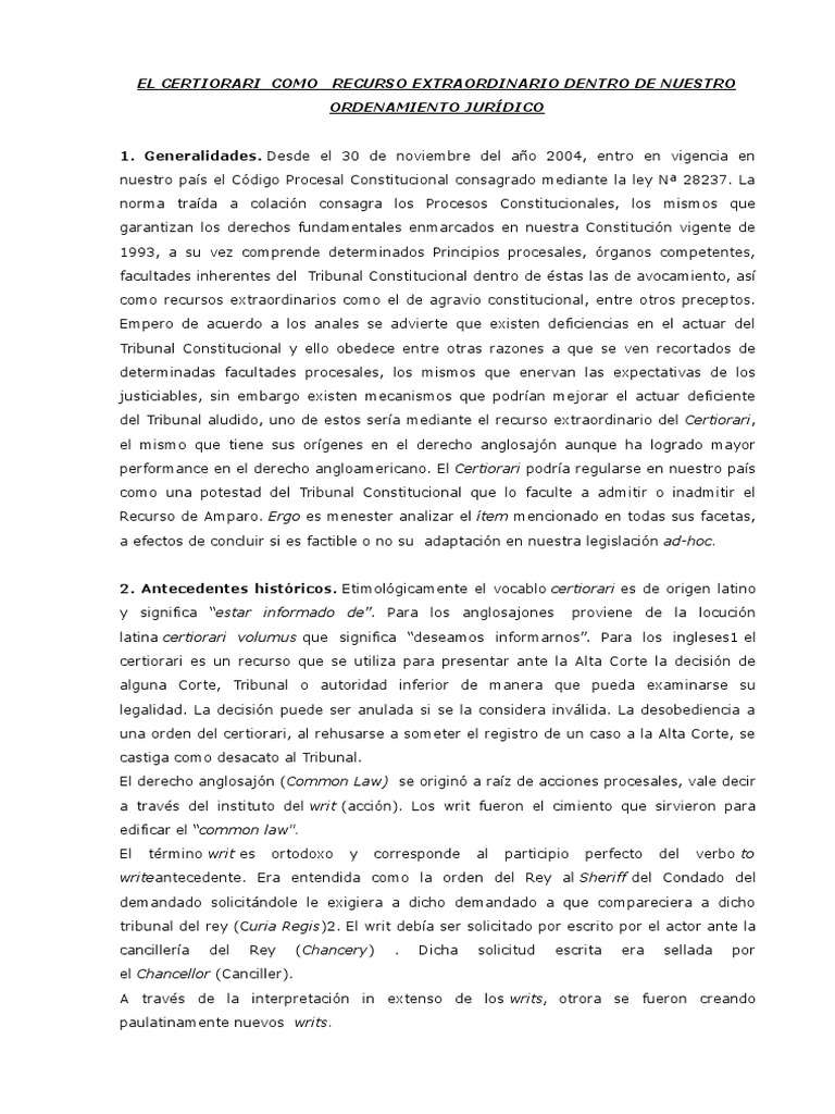 Certiorari: Recurso Extraordinario en Derecho | PDF | Ley procesal ...