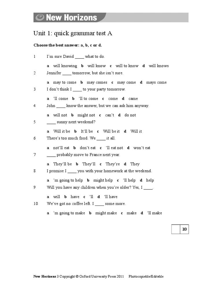 Unit 1: Quick Grammar Test A | PDF | Self-Improvement | Wellness