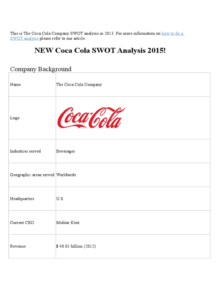 Coca-Cola SWOT Analysis 2013 | PDF | Coca Cola | The Coca Cola Company