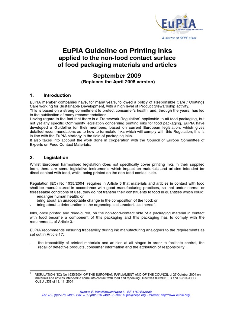 2009-09-21 EuPIA Guideline For Food Packaging Inks 1 | PDF | Packaging ...