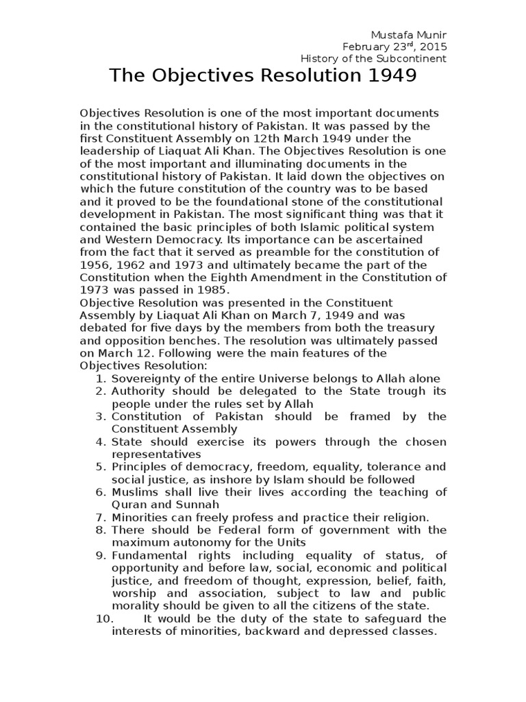 The Objectives Resolution 1949 | PDF | Pakistan | Public Law
