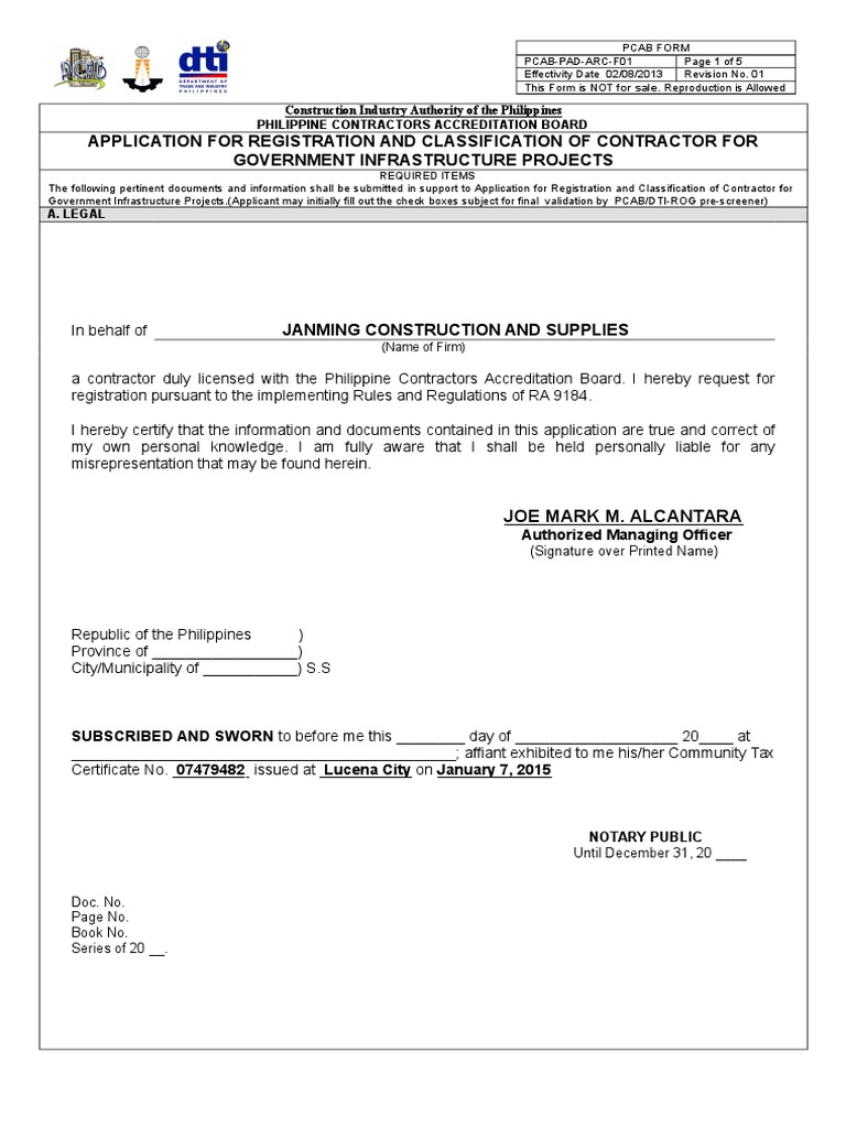 PCAB - Application for Registration and Classification of Contractor ...