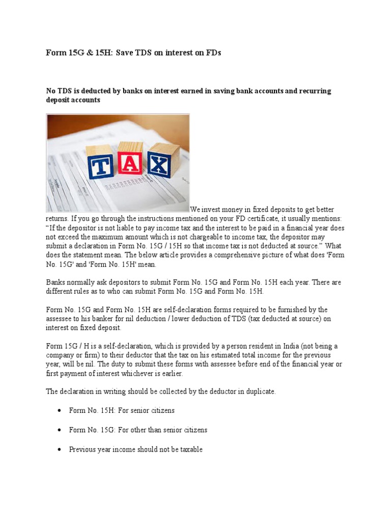 Form 15G & 15H: Save Tds On Interest On Fds | PDF | Income Tax In India ...