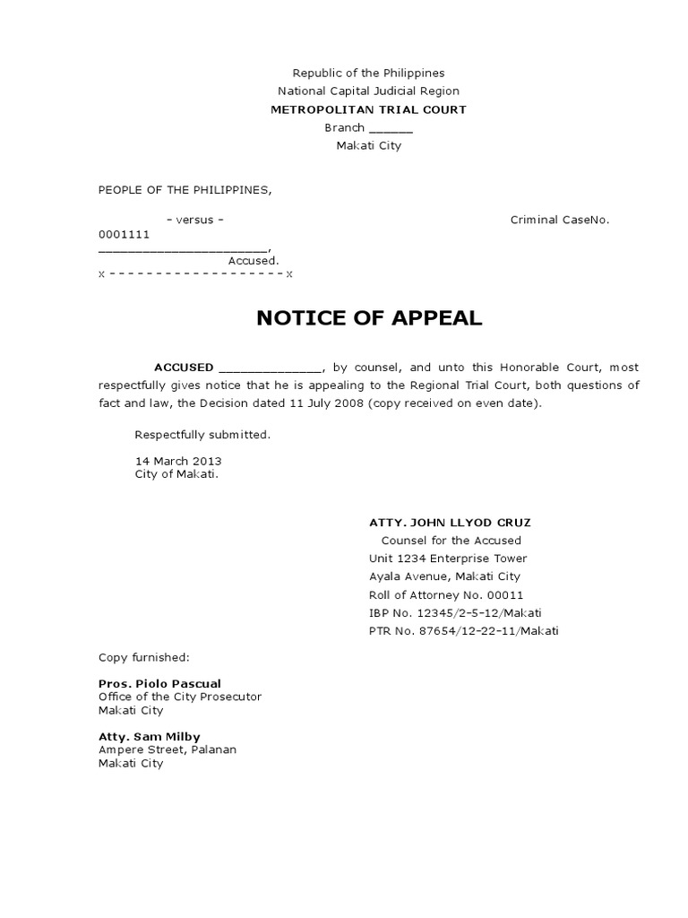 Notice of Appeal | PDF | Makati | Constitutional Law