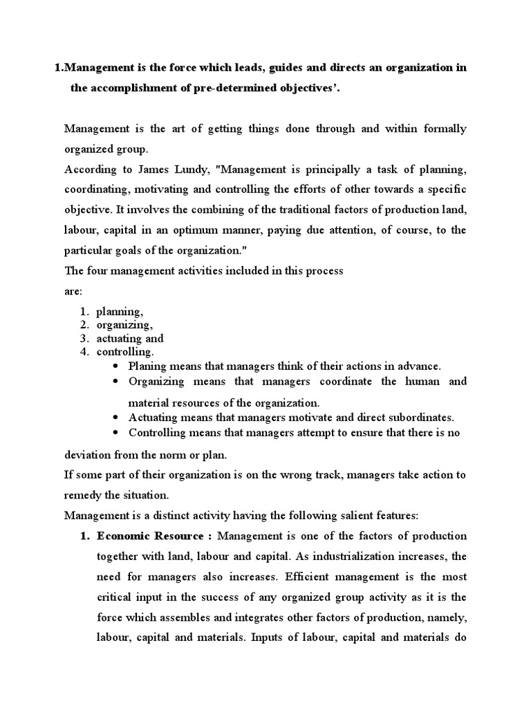 Management Is The Force Which Leads | PDF | Goal | Factors Of Production
