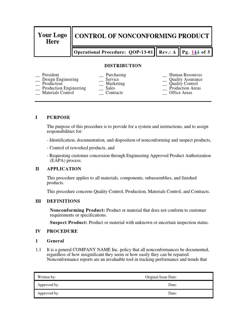 Procedure For Control of Non-Conforming Products | PDF | Quality ... Procedure For Control of Non-Conforming Products | PDF | Quality ...