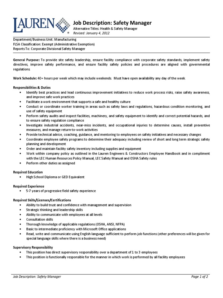 Safety Manager Job Description | PDF | Occupational Safety And Health ...