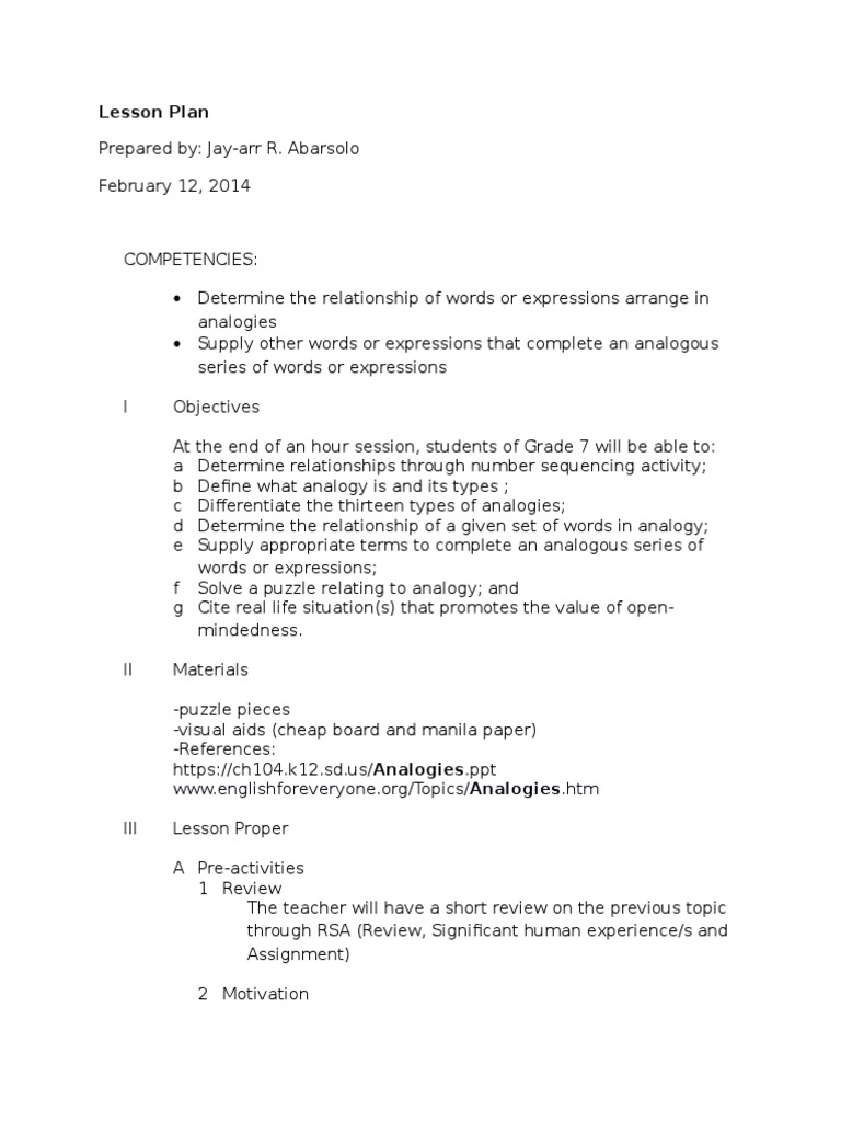 LP Word Analogy2 | PDF | Analogy | Lesson Plan