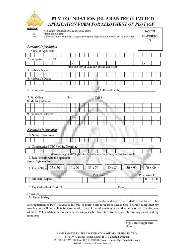 PTV Foundation Plot Allotment Application | PDF | Government ...