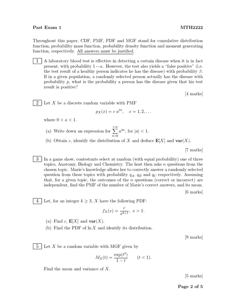 EXAM1 Practise MTH2222 | Download Free PDF | Variance | Probability Density Function
