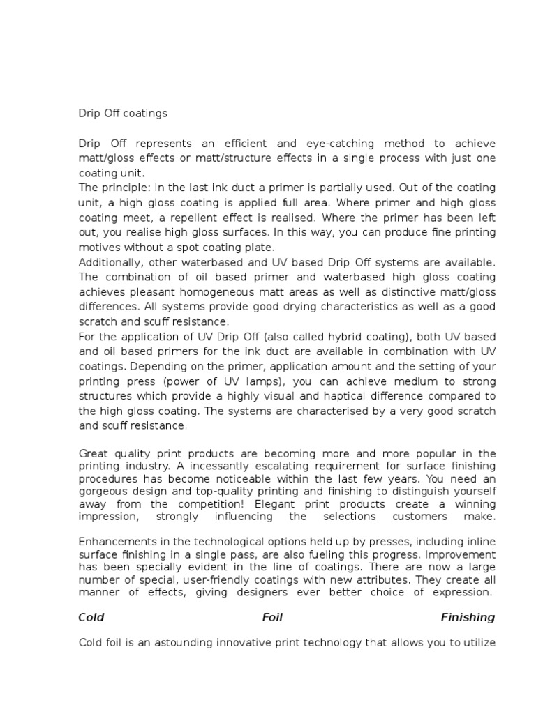 Drip Off Coatings | PDF | Printing | Ultraviolet