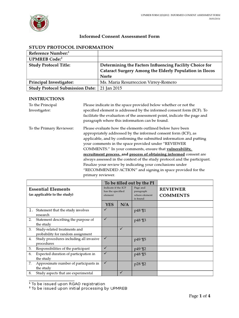 UPMREB FORM 2 (D) 2012 Informed Consent Assessment Form - 1 | PDF ...