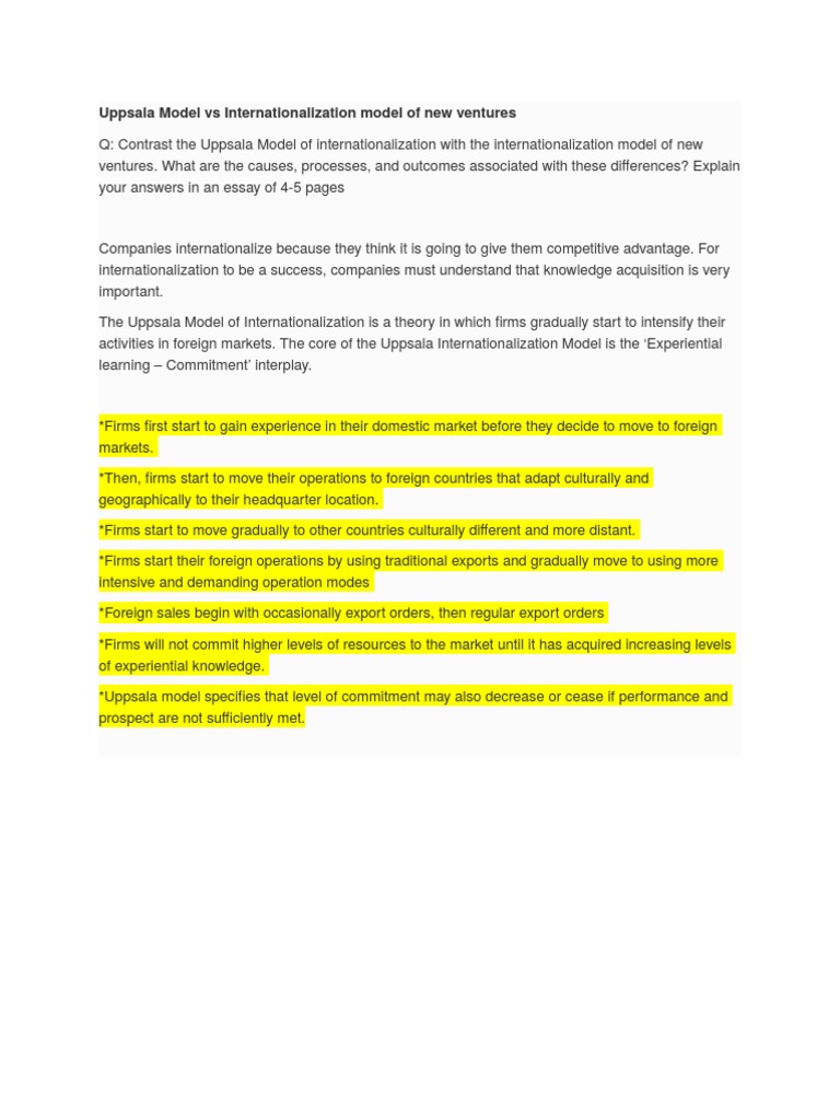 Uppsala Model Vs Internationalization Model of New Ventures | PDF ...
