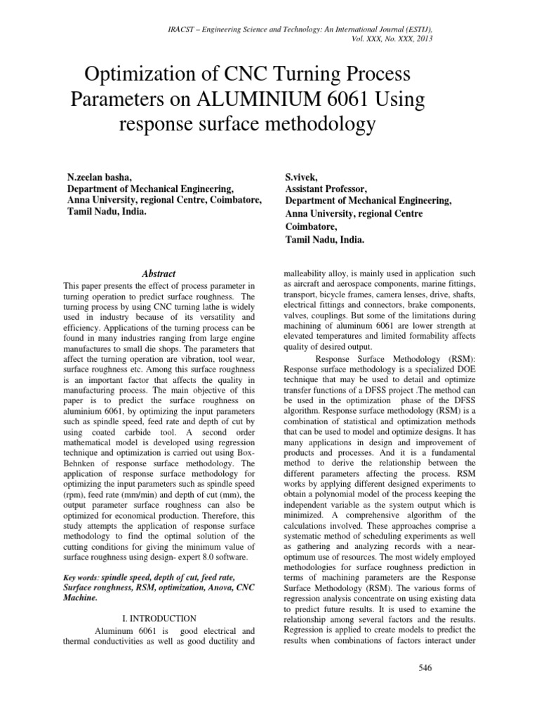Optimization of CNC Turning Process Parameters On ALUMINIUM 6061 Using Response Surface ...