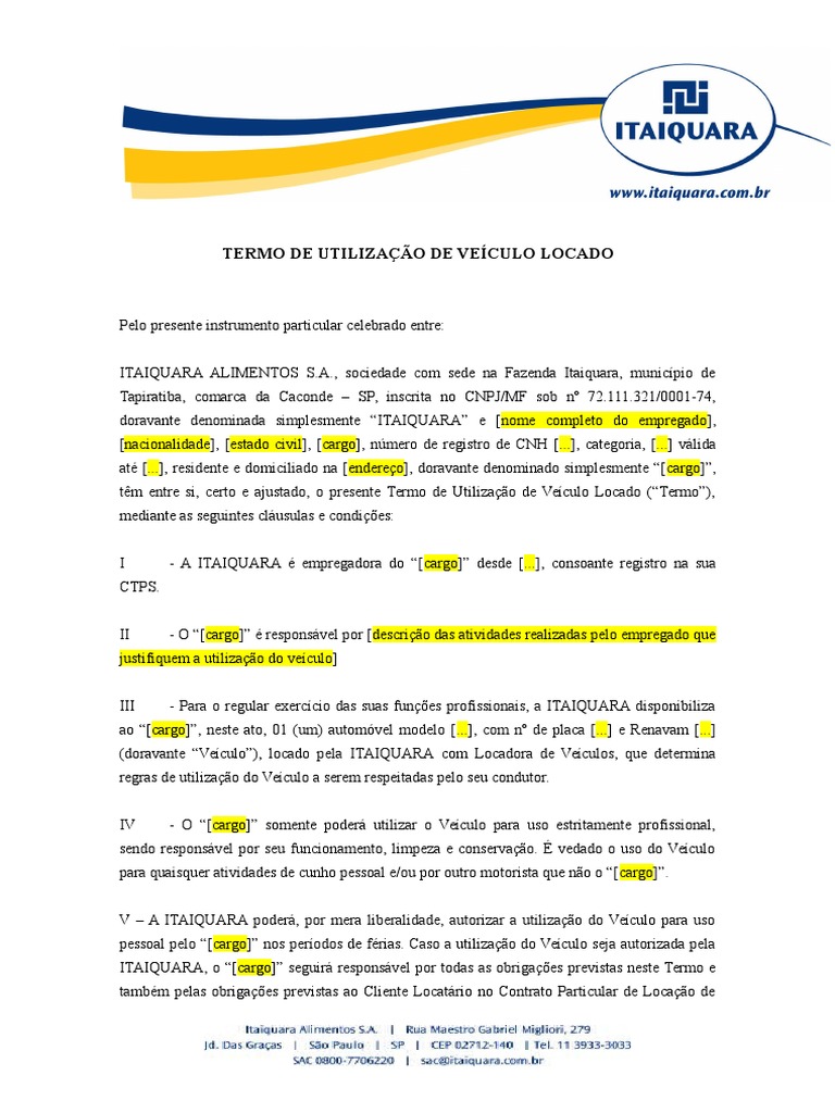 Termo De Utilização De Veículo Locado Modelo Pdf Tráfego Lei
