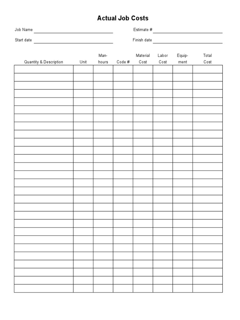 Actual Job Costs: Job Name Estimate # Start Date Finish Date | PDF