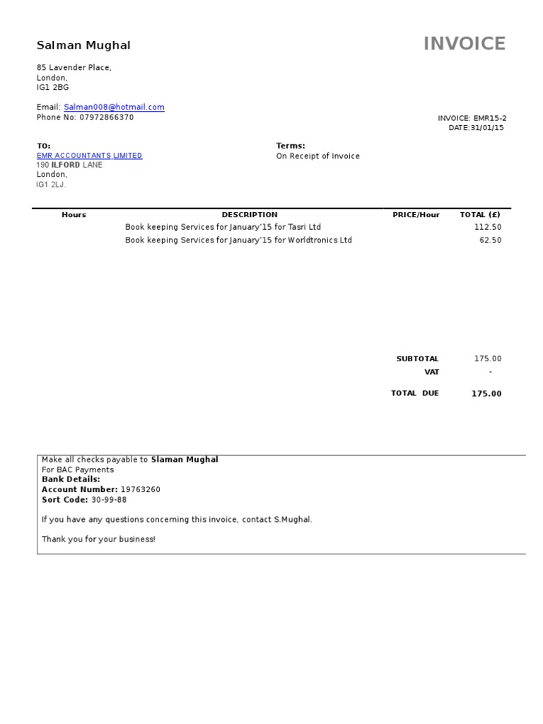 Invoice for Bookkeeping Services January 2015 | PDF