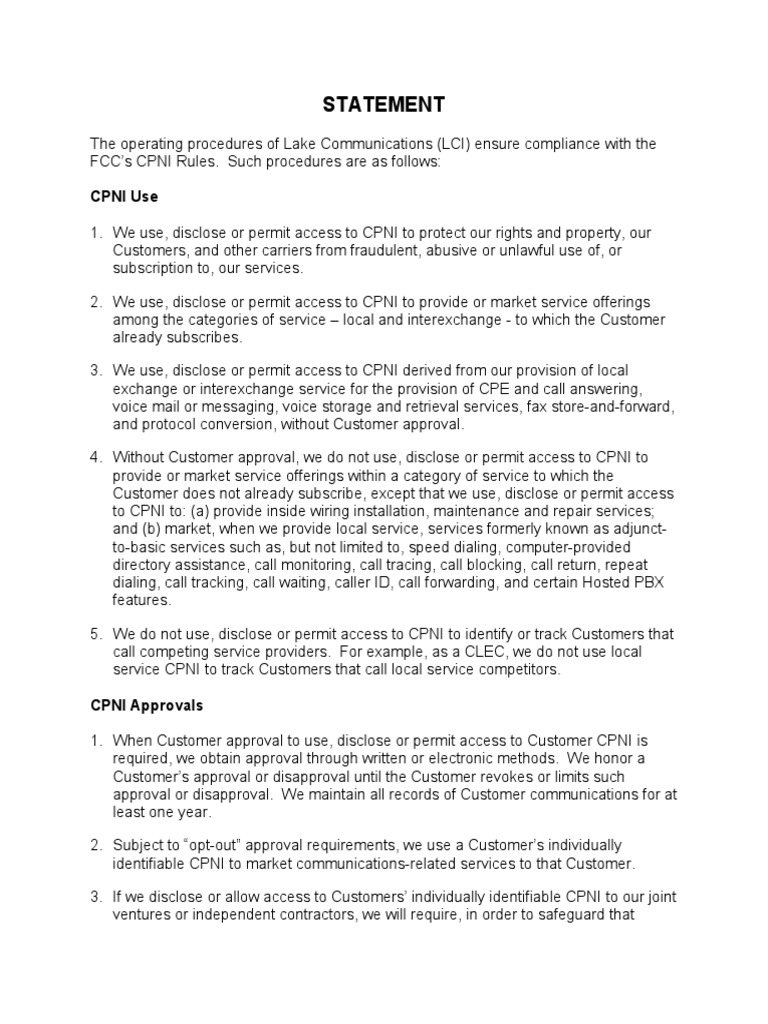 CPNI Statement 2015 02 26 PDF | PDF | Confidentiality | Regulatory ...