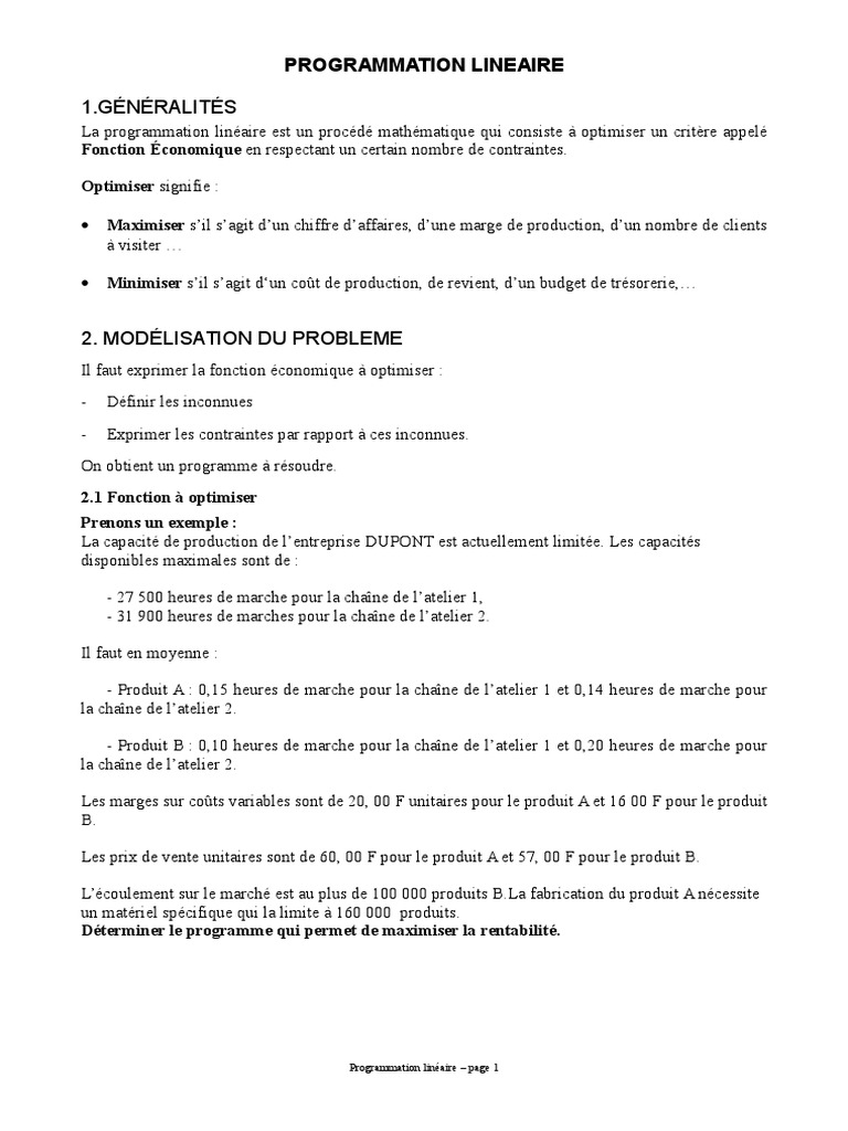 La Programmation Lineaire Avec Excel | PDF | Optimisation linéaire | Mathématiques appliqués
