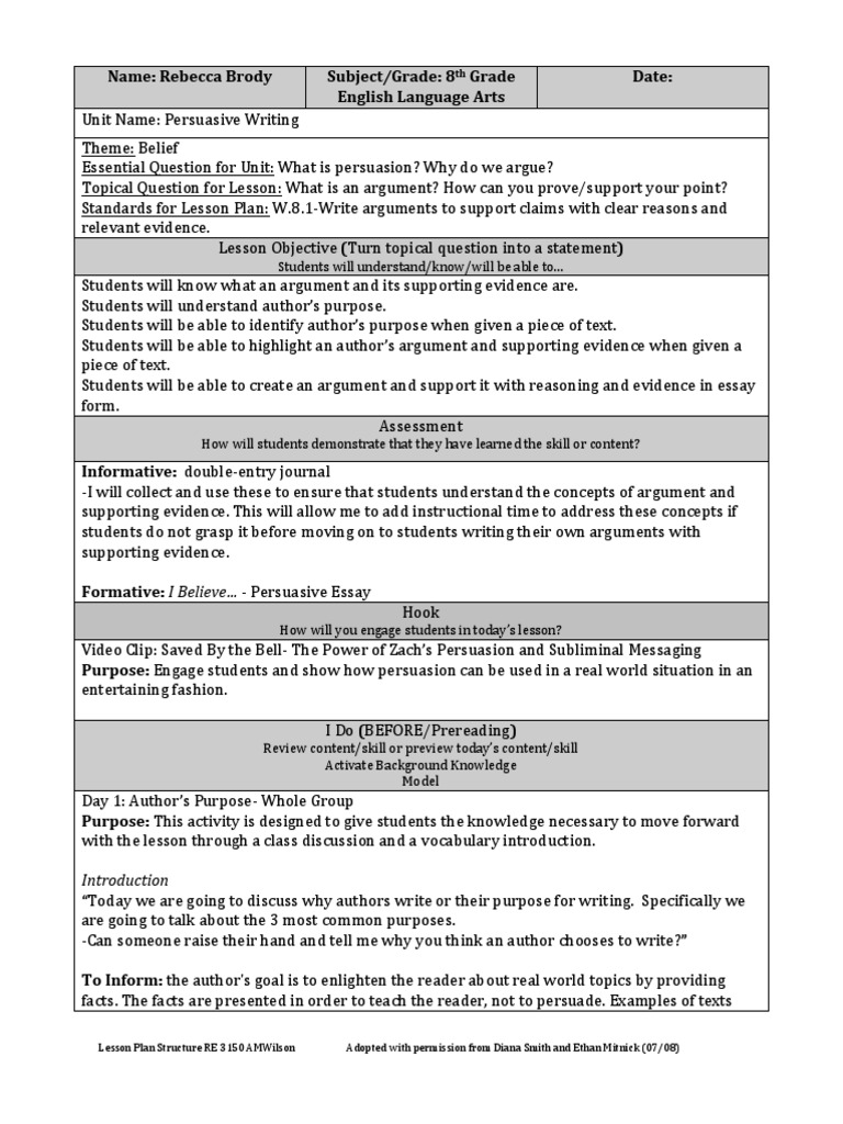 Persuasive Writing Lesson Plan | PDF | Persuasion | Argument