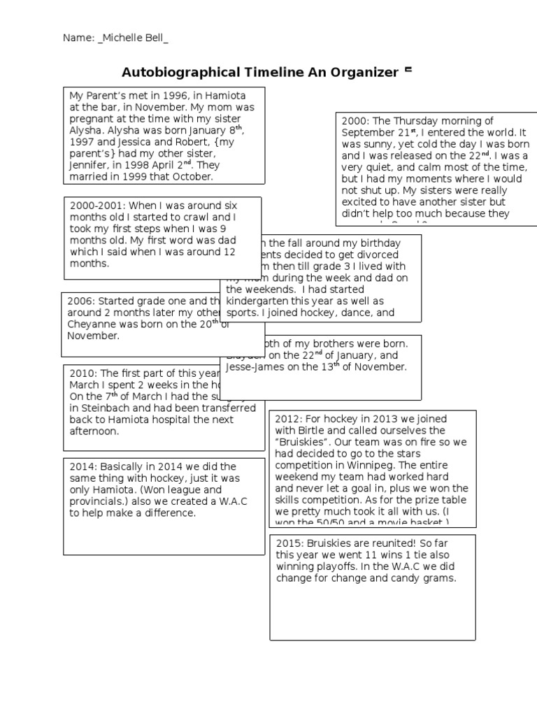 Michelle Bell's Autobiographical Timeline | PDF | Language Arts ...