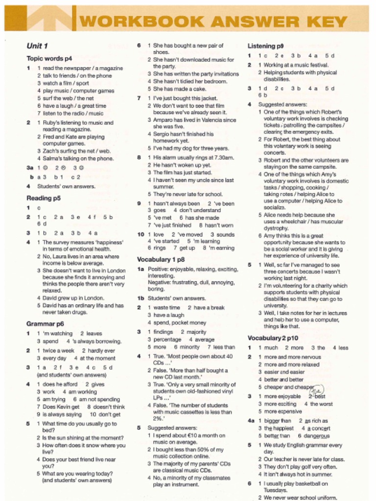 Workbook Answer Key 1r Bachillerato | PDF