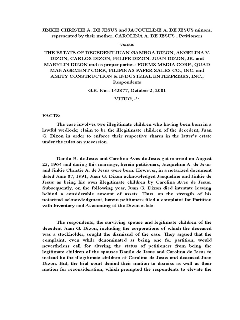 De Jesus V Estate of Dizon - Digest | PDF | Legitimacy (Family Law ...