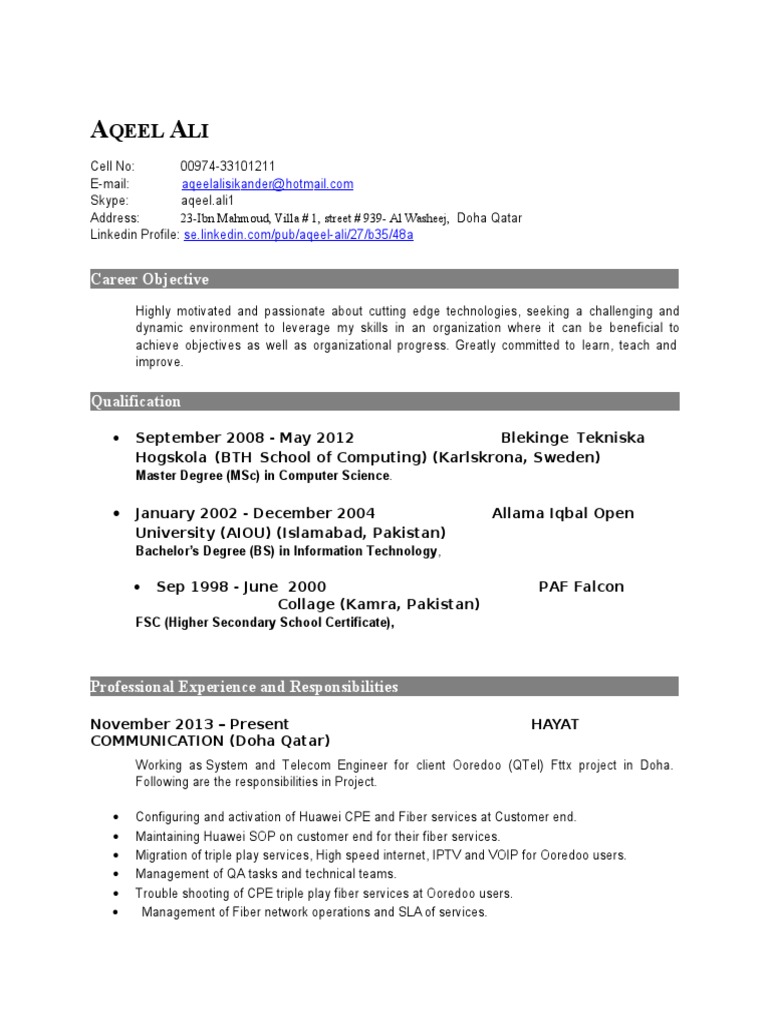 Aqeel Ali CV | PDF | Computer Network | Ip Address