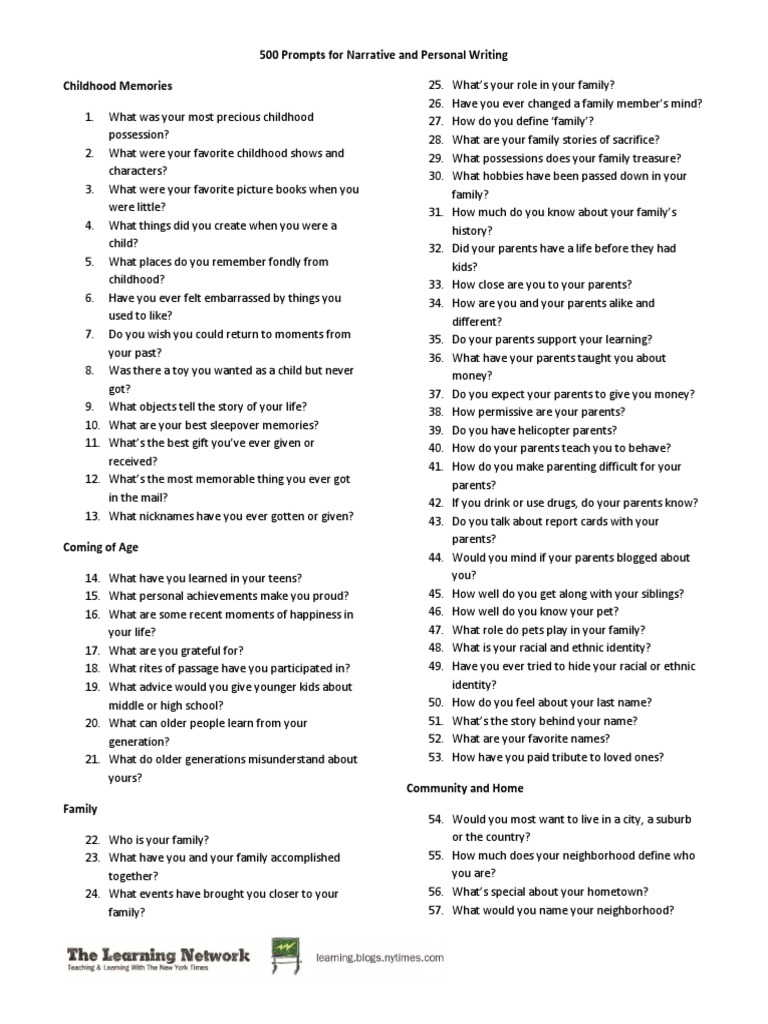 500 Prompts Narrative and Personal Writing | PDF | Homework | Teachers