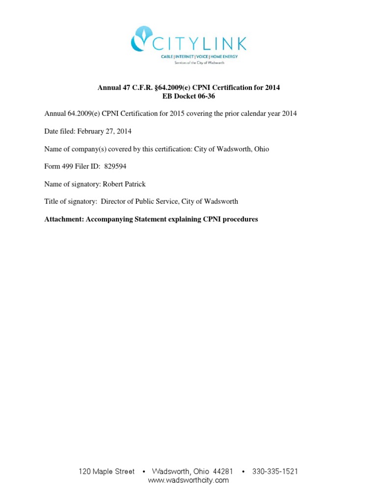 CPNI With Certification 2014 PDF | PDF | Health Insurance Portability ...